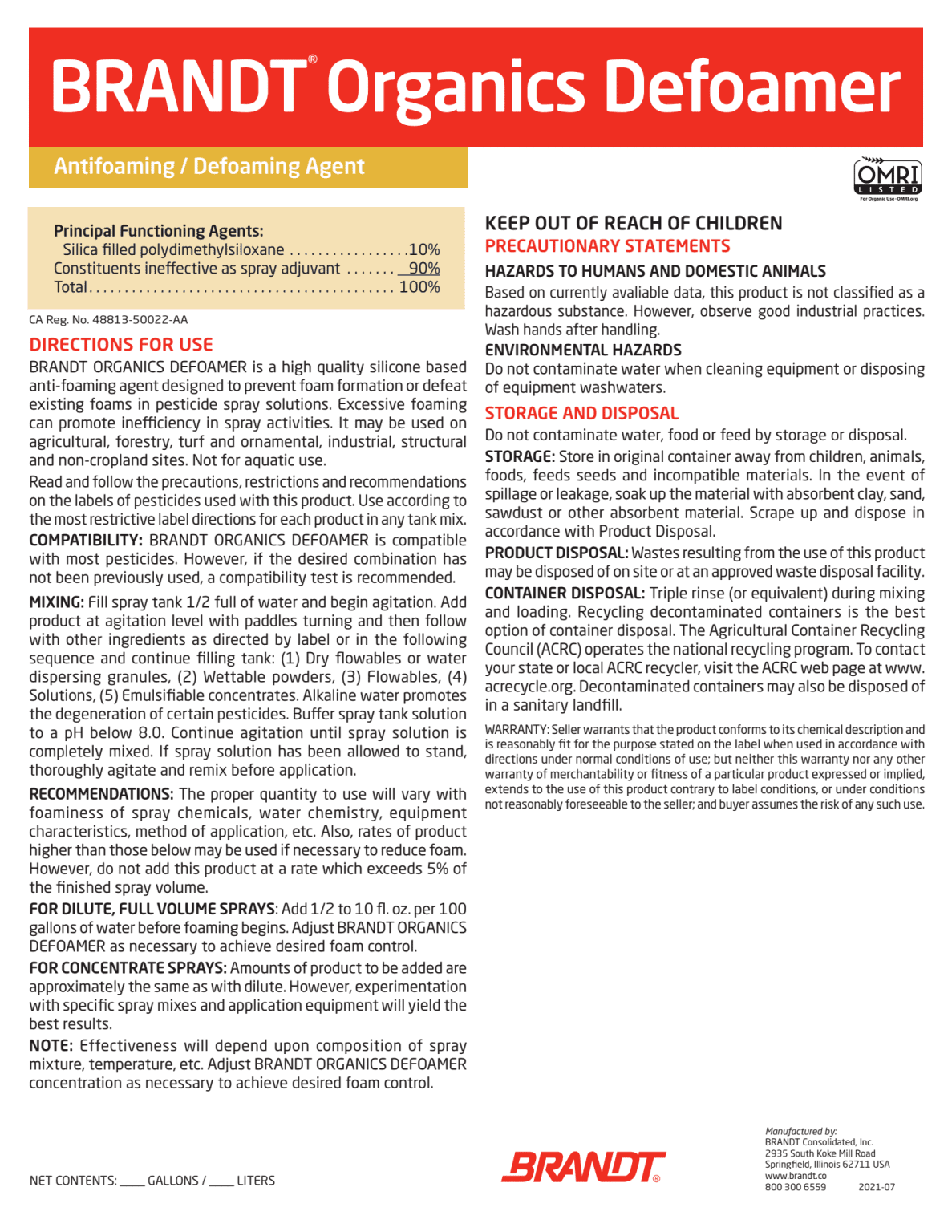 BRANDT Organics Defoamer Spray Tank Defoamer(O) - The AG Center